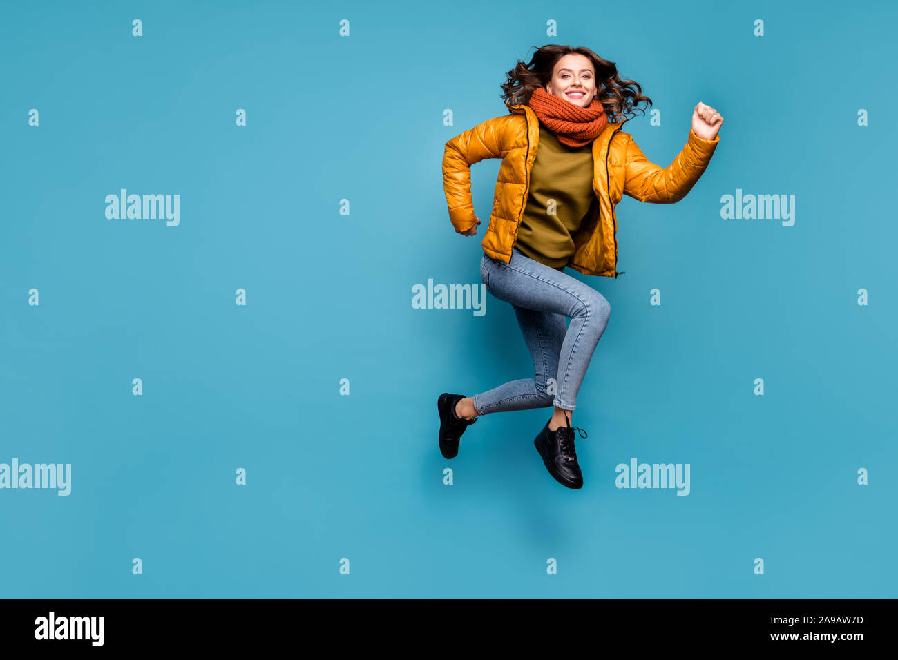 Full body photo of amazing lady jumping high running fast shopping ...