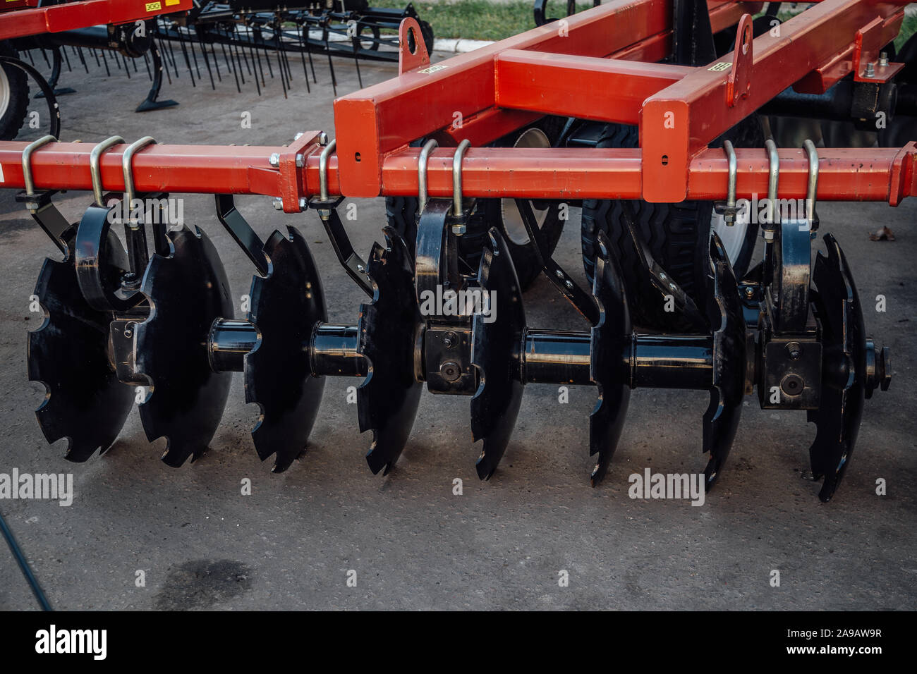 Working parts of new modern agricultural disc harrow for tillage Stock ...