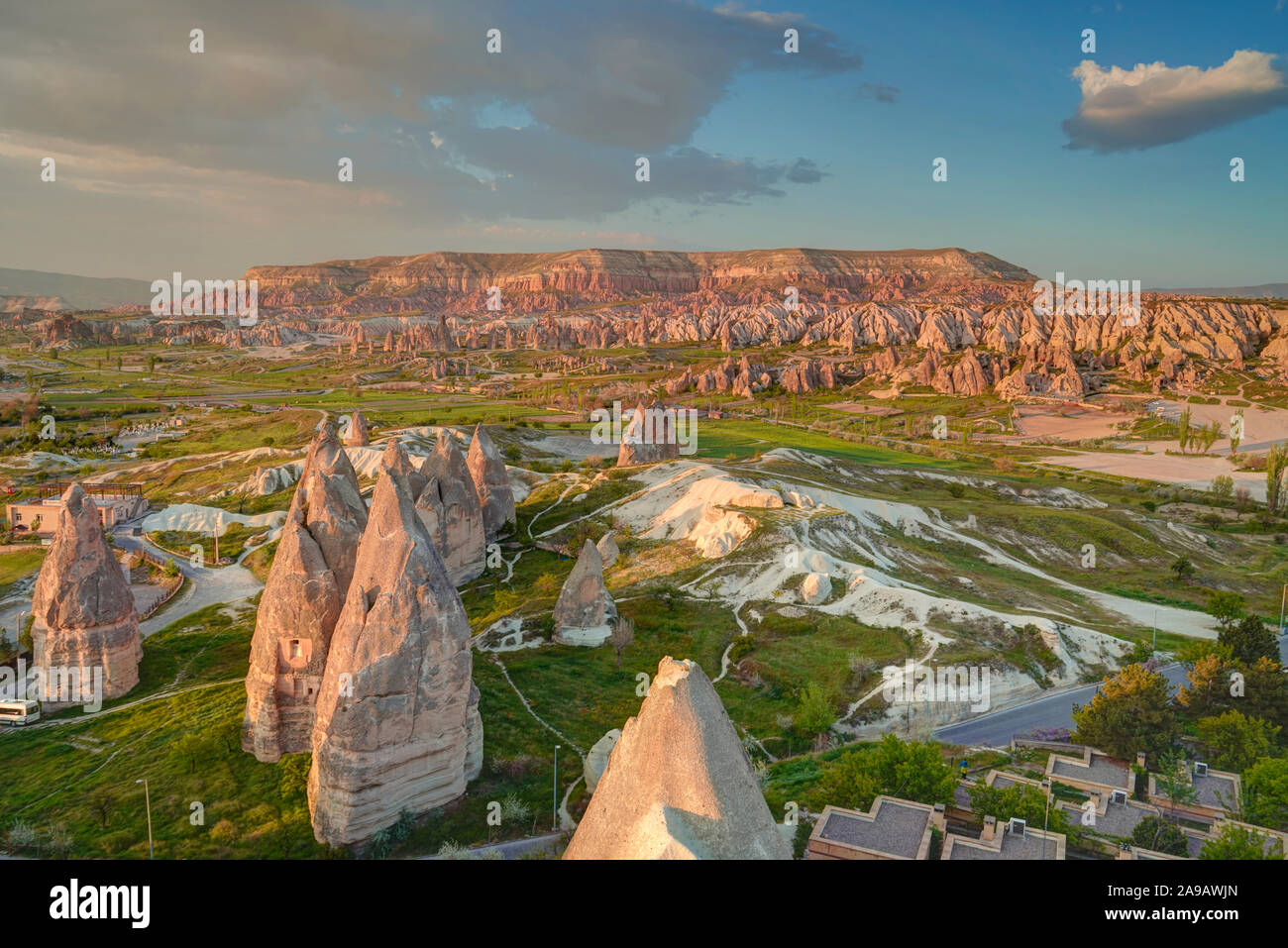 Sunset panoramic view to Goreme city and pigeon valley Cappadocia ...