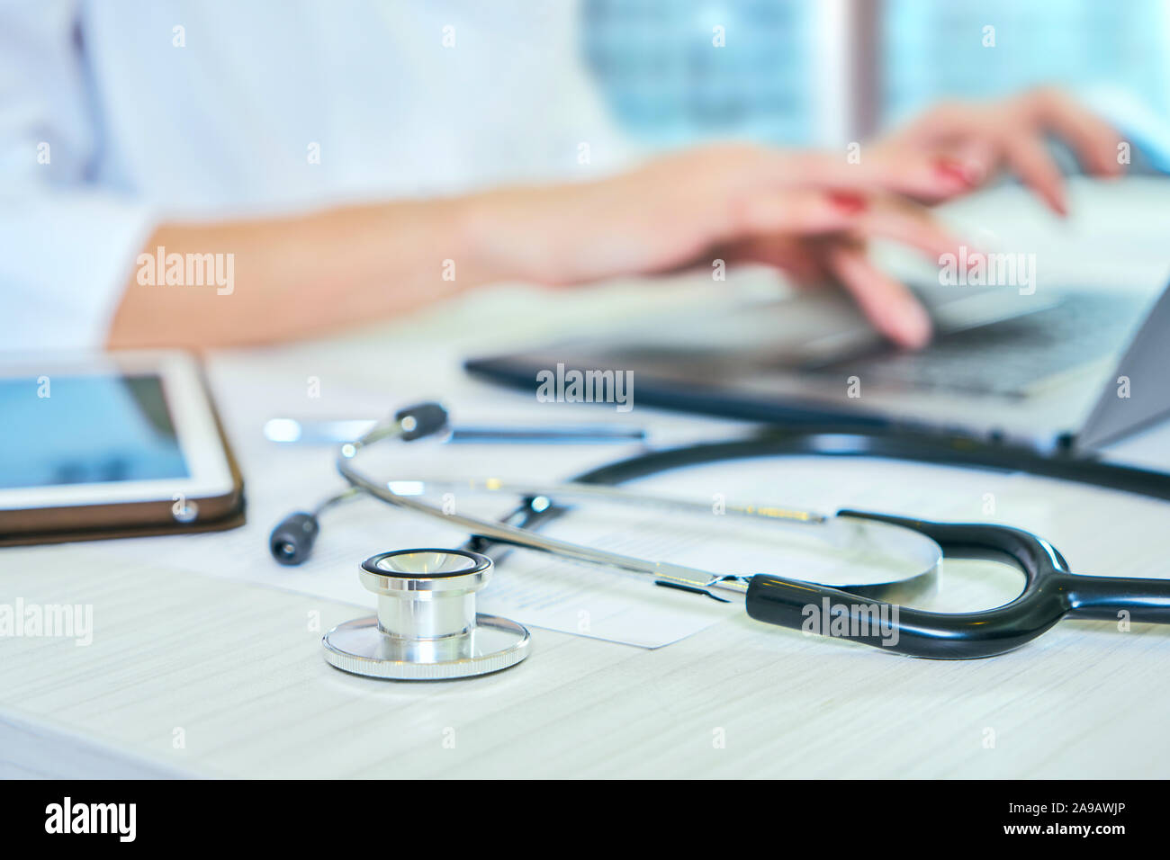 Workplace of the doctor, doctor's office. the doctor works at the ...