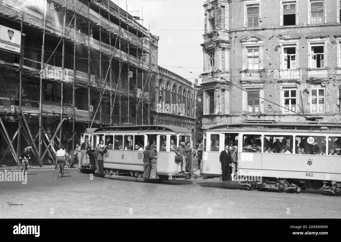 A tram on its way through devastated Munich, Germany 1940s Stock Photo ...