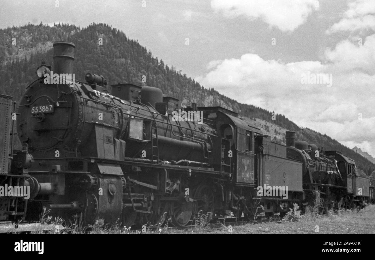Steam locomotives, destroyed by war, waiting to be repaired, Germany ...