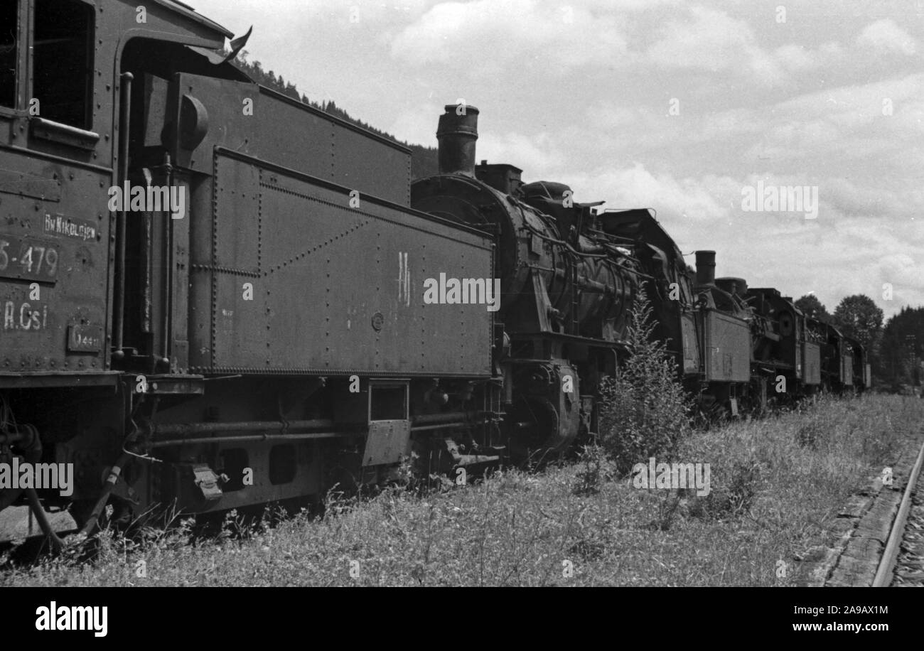 Steam locomotives, destroyed by war, waiting to be repaired, Germany ...