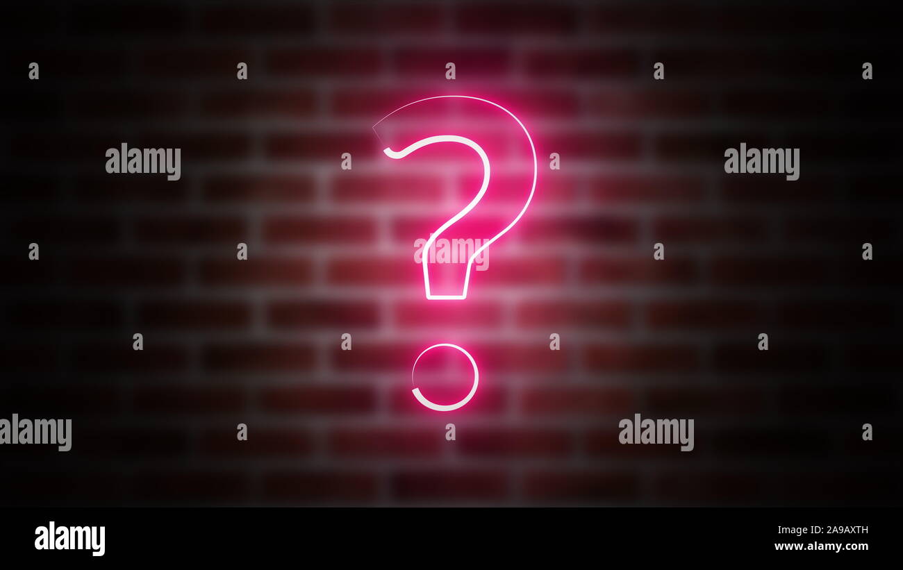 Question mark neon sign on a background of brickwork, computer ...