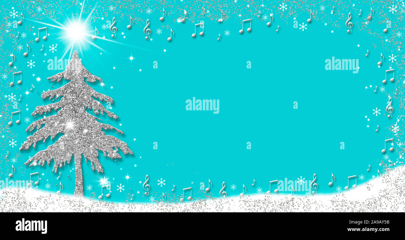 Christmas musical border card.Musical notes and fir tree silver glitter ...
