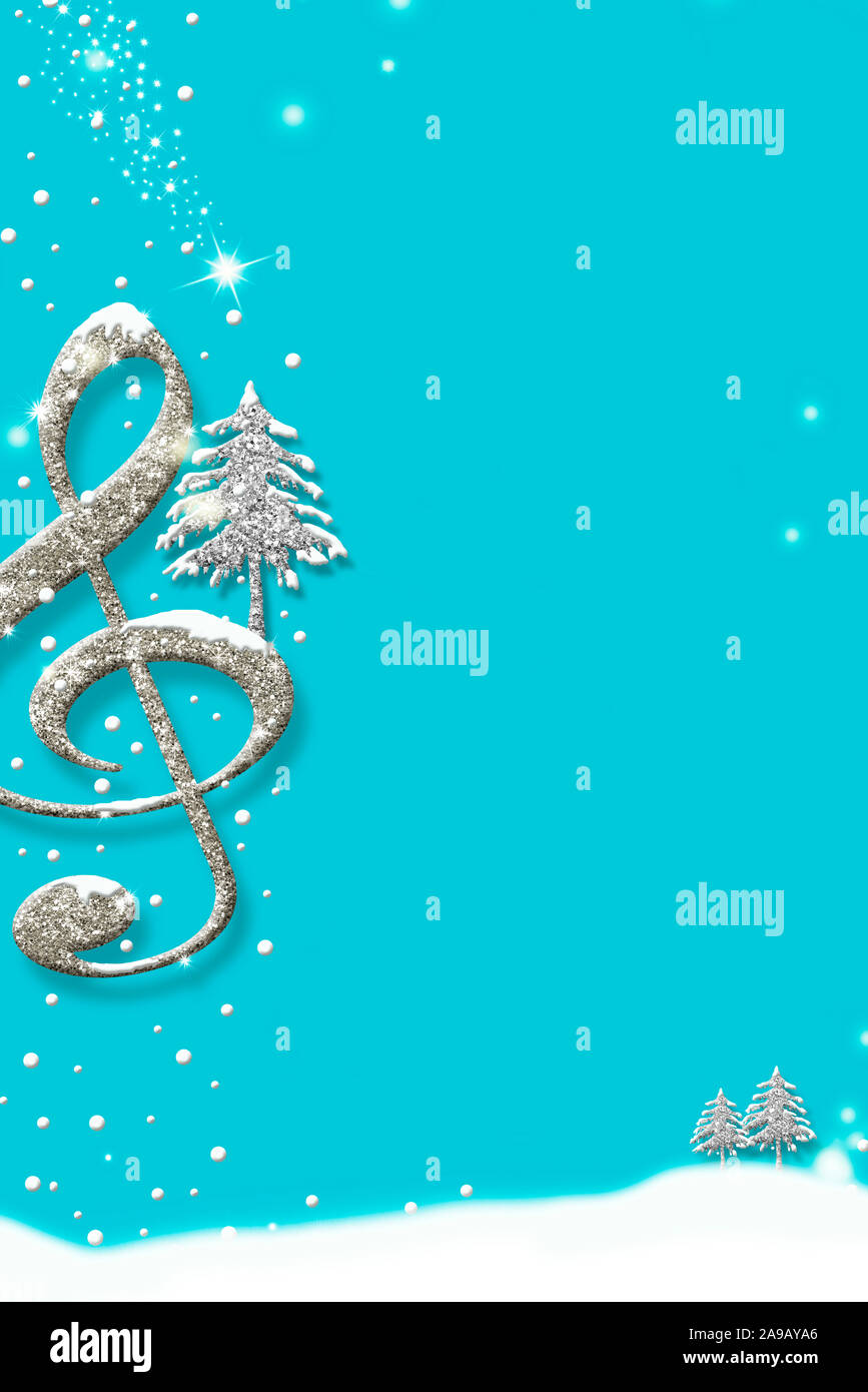 Christmas musical card.Treble clef and fir trees silver glitter texture ...