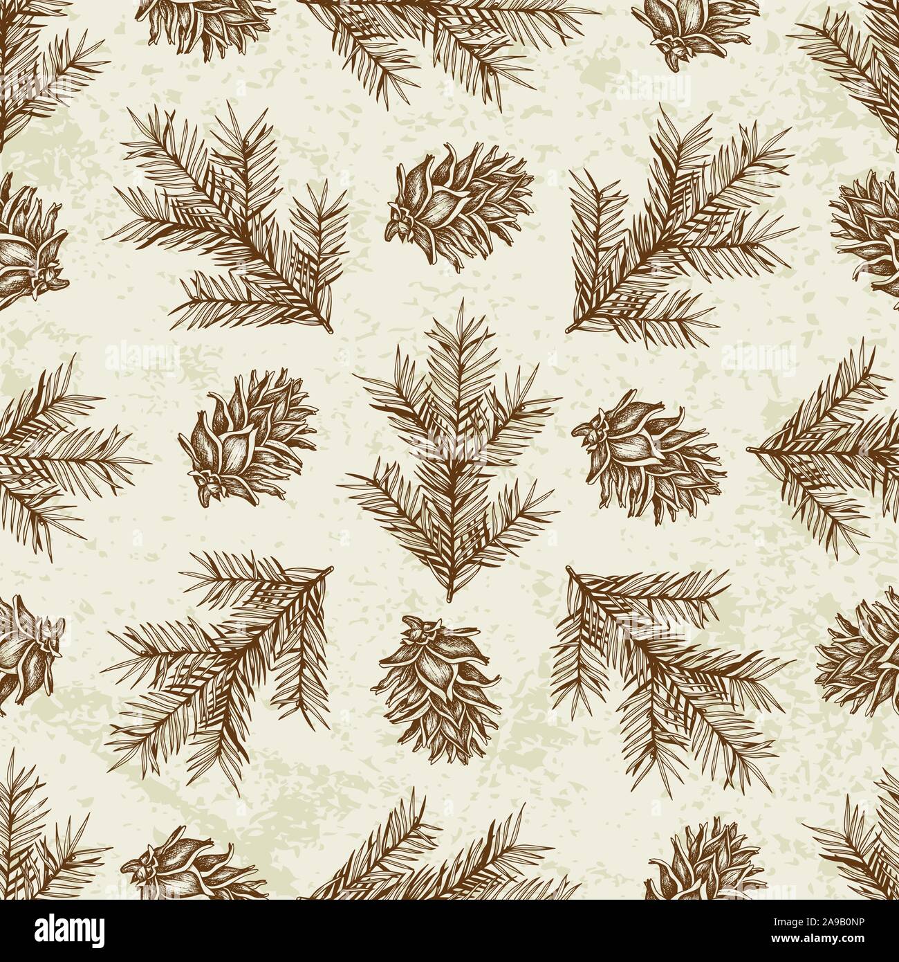 Vintage winter seamless pattern with fir branches and cones. Decorative ...