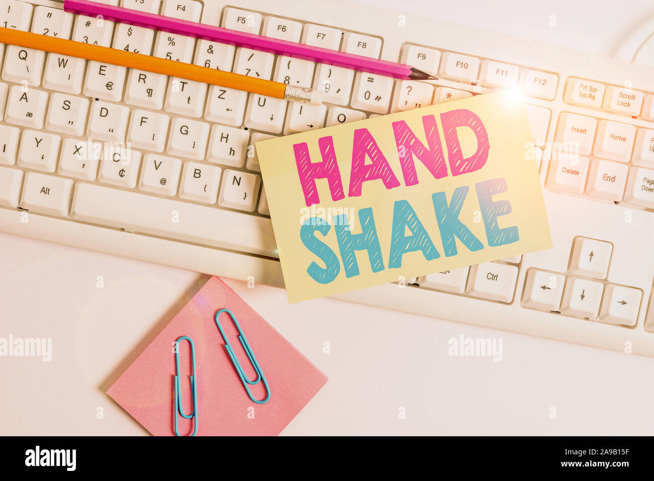 Conceptual hand writing showing Hand Shake. Concept meaning an act ...