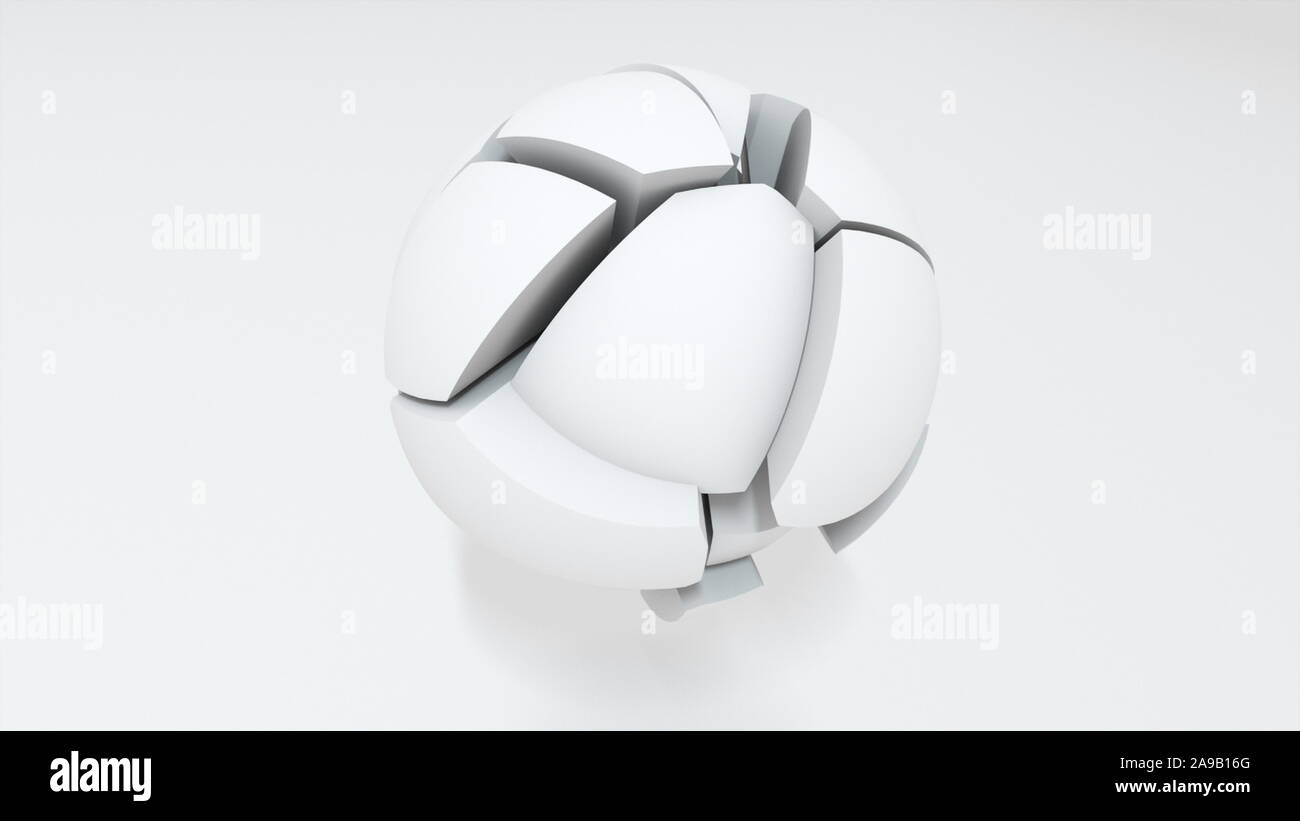 3d render of transformation of a sphere into parts on a pure white ...