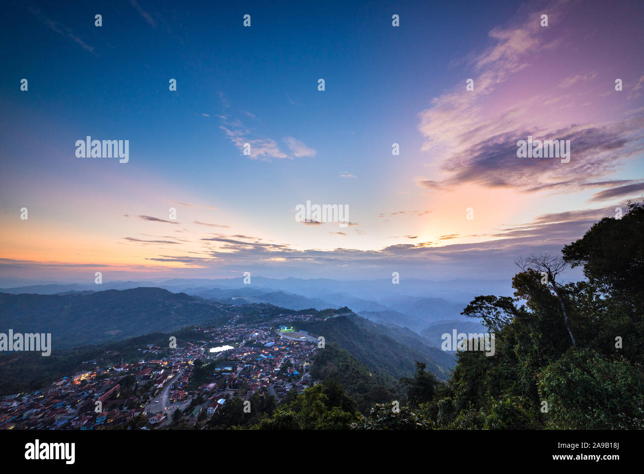Aerial view of Phongsali, North Laos near China. Yunnan style town on ...