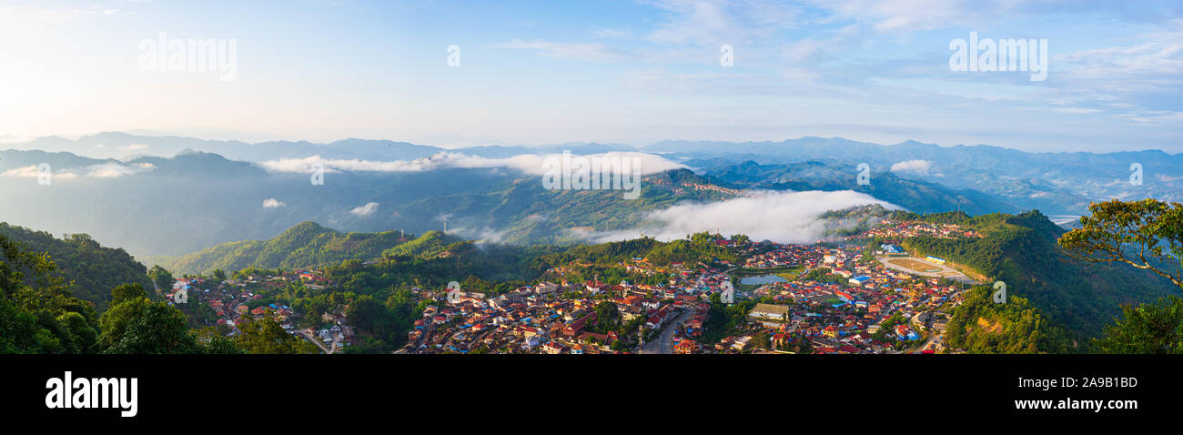 Aerial view of Phongsali, North Laos near China. Yunnan style town on ...