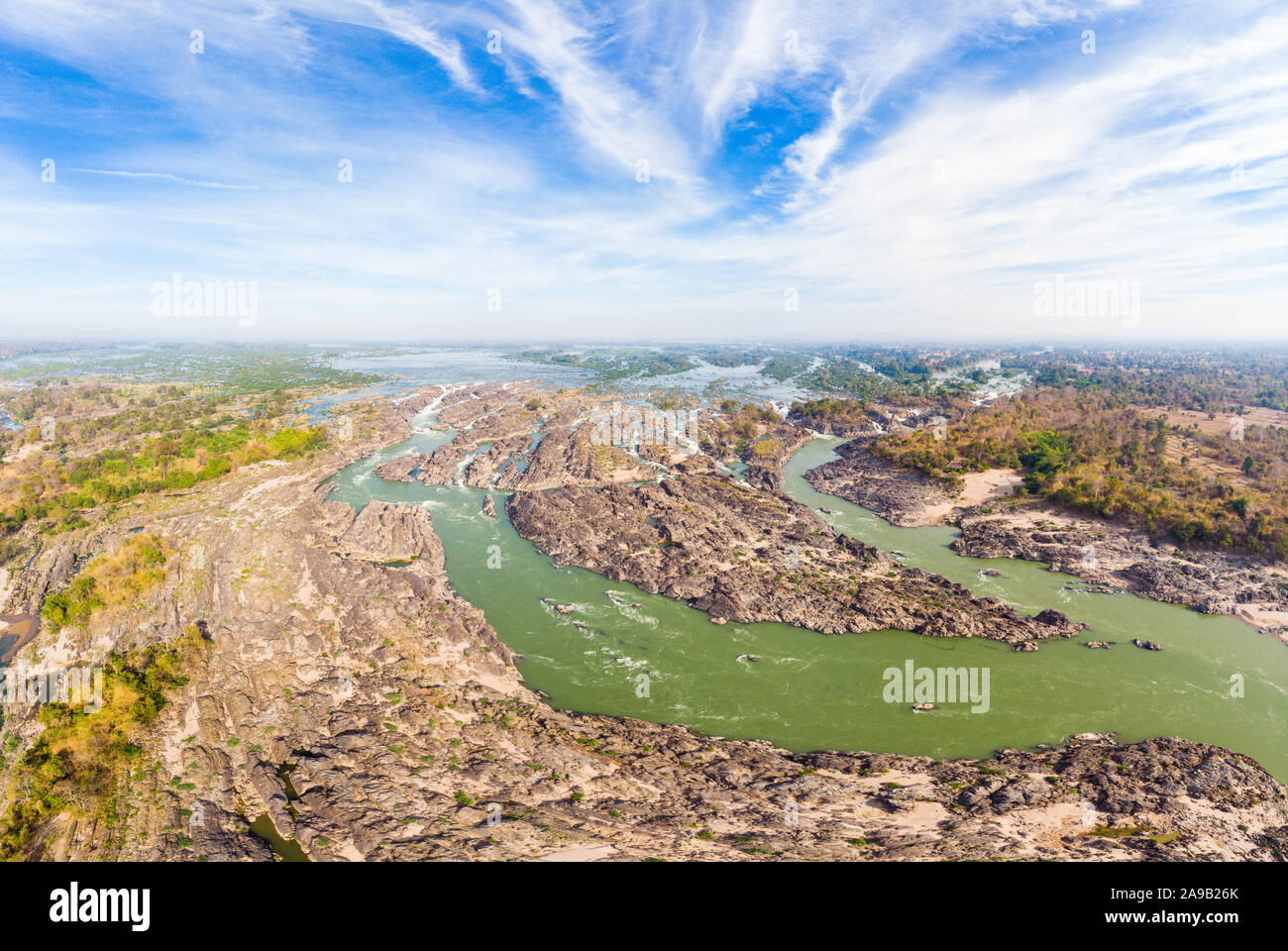 Aerial panoramic 4000 islands Mekong River in Laos, Li Phi waterfalls ...