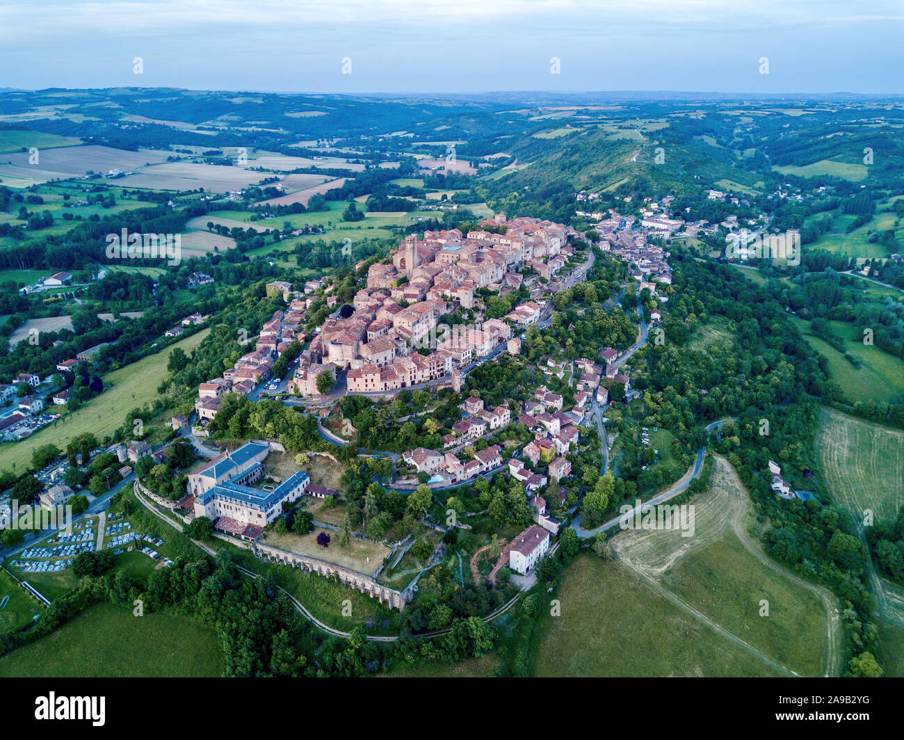 Aerial drone shot view of Corde-sur-ciel, medieval fortified town on ...