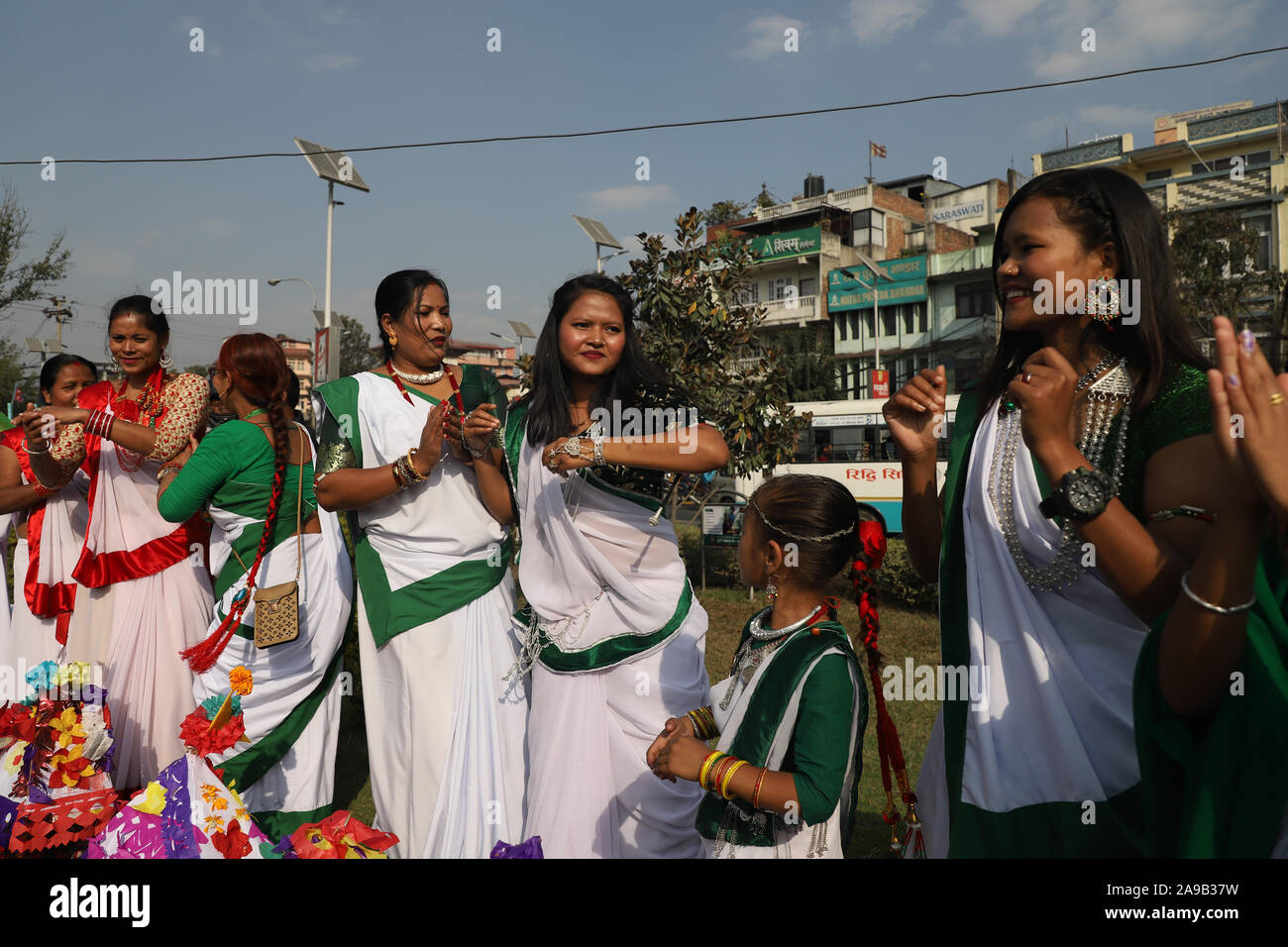 Kathmandu, Nepal. 13th Nov, 2019. Nepalese ethnic Tharu community women ...
