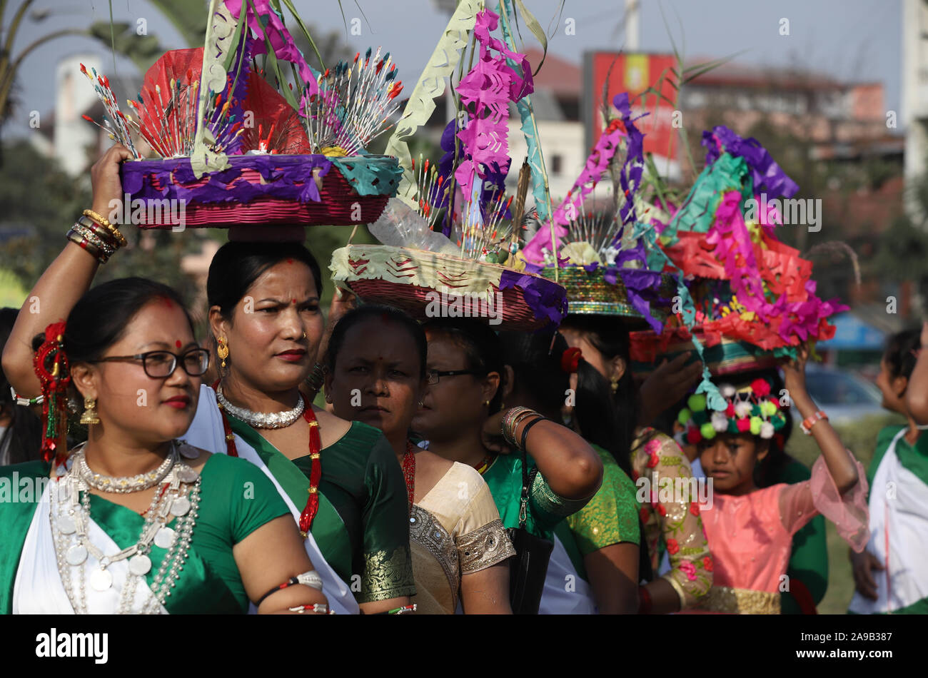 Kathmandu, Nepal. 13th Nov, 2019. Nepalese ethnic Tharu community women ...