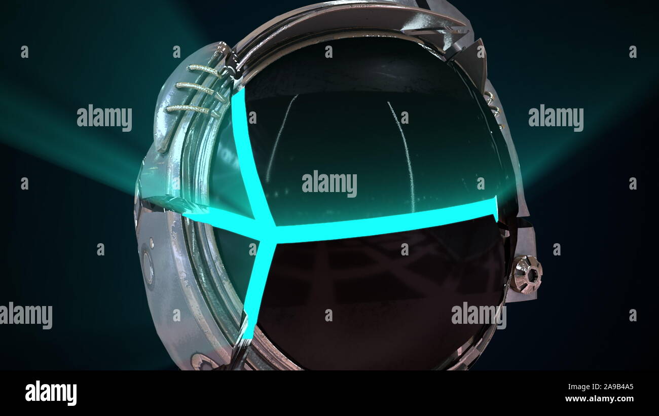 Astronaut head in a metal helmet close-up with neon light from the ...