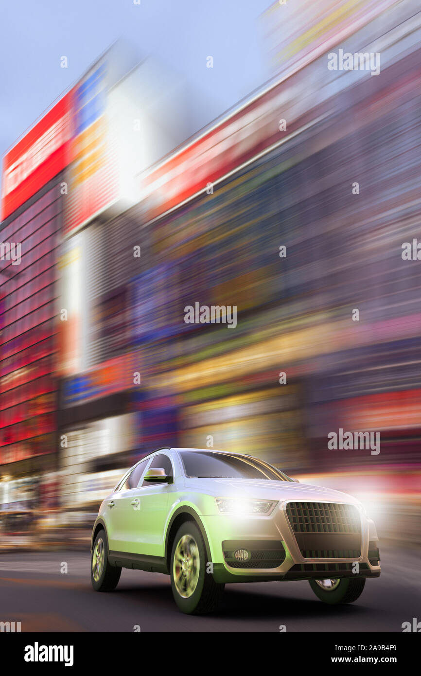 3D rendering of an SUV at motion in an illuminated city at nigh Stock ...
