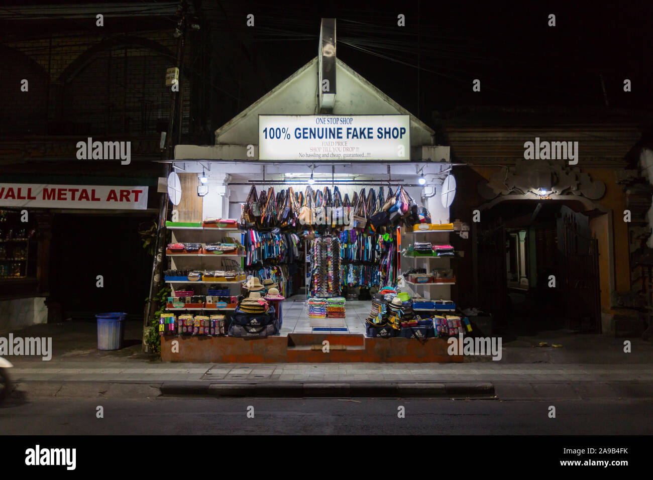 A souvenir shop with a big signage "100 percent genuine fake shop" in ...