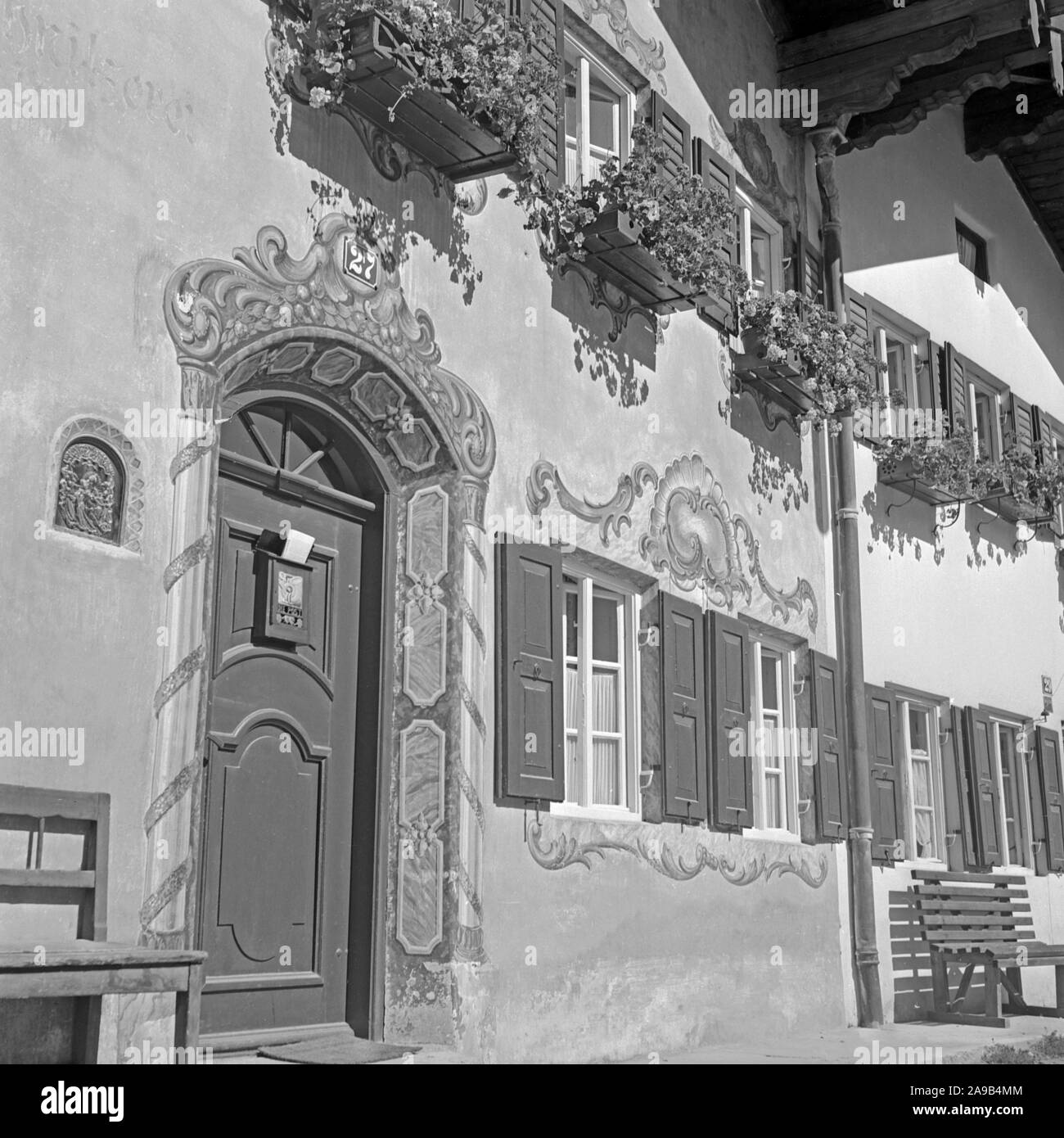 Front sides of houses with alpine painting of the Allgaeu area, Germany ...