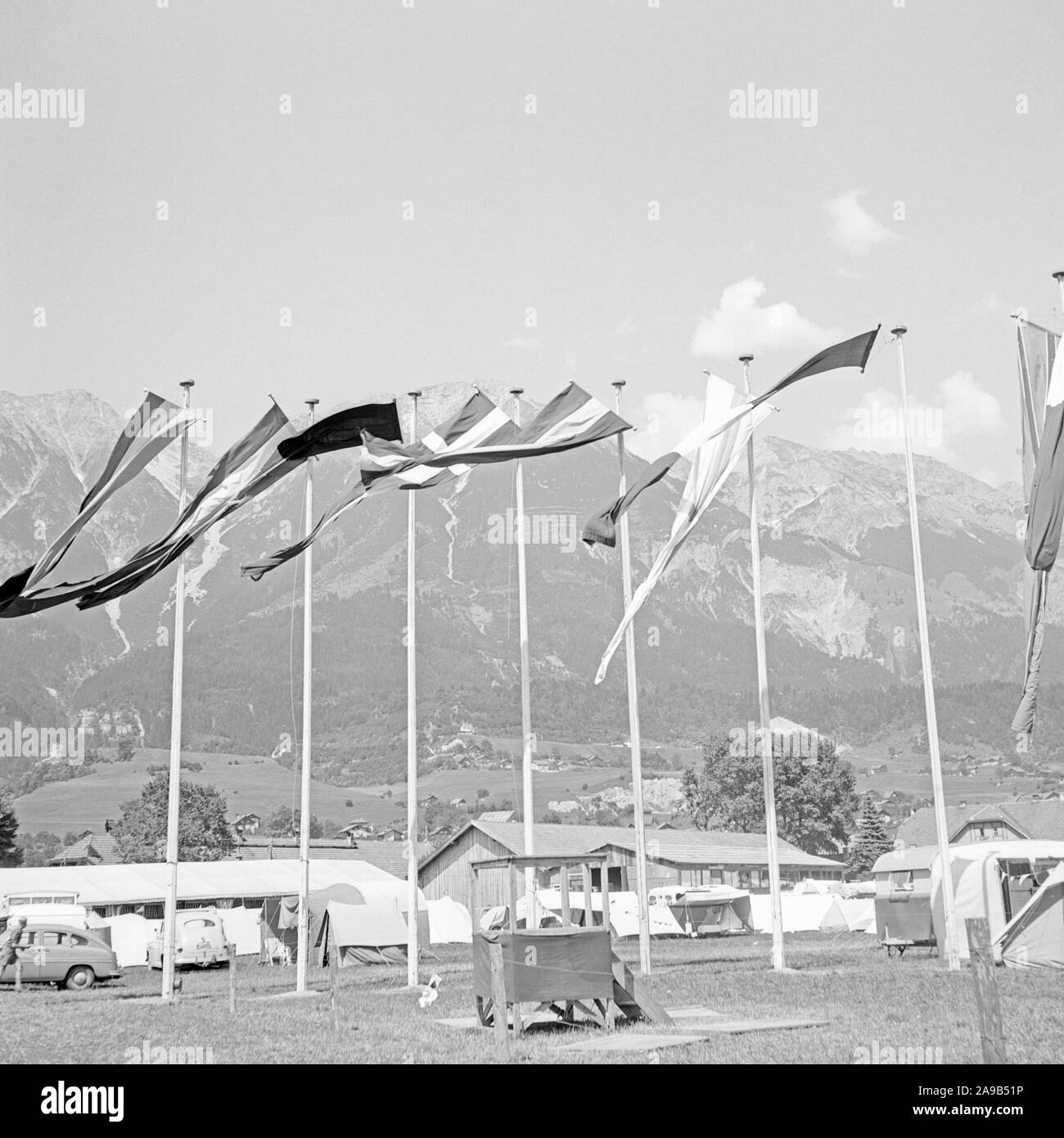 Camping holiday holidays vacation vacations Black and White Stock ...