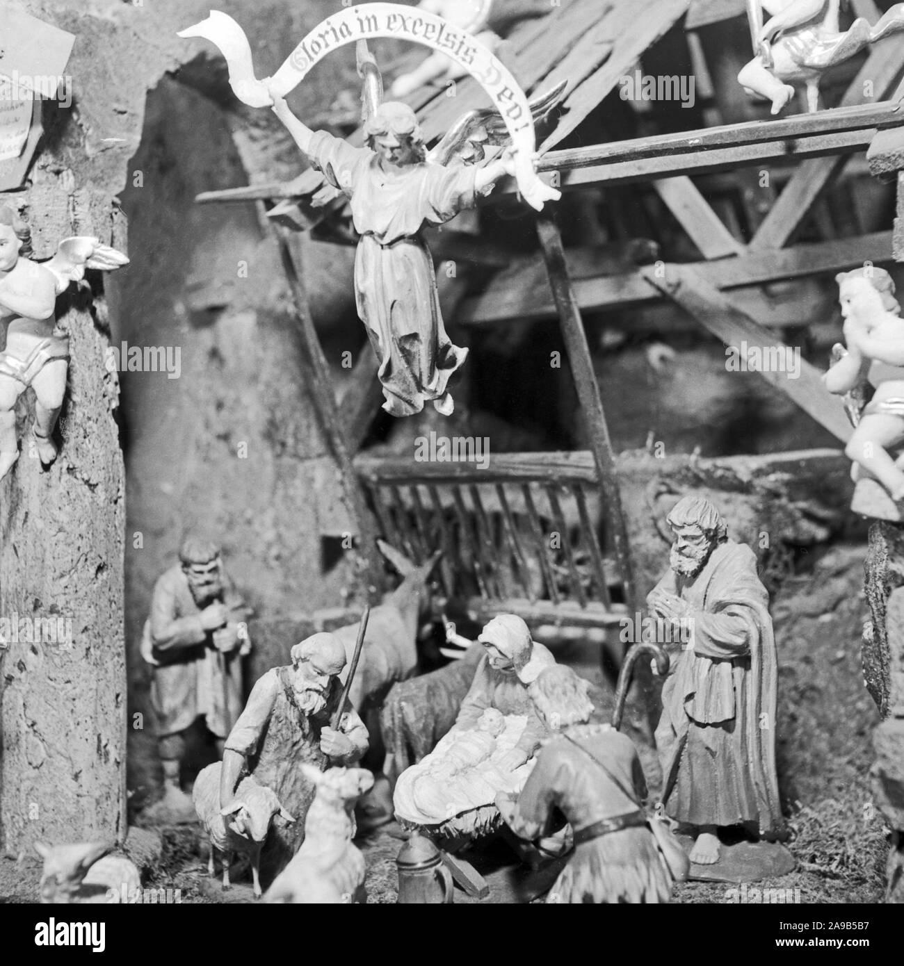 View to a big nativity set during christmas time, Germany 1955 Stock ...