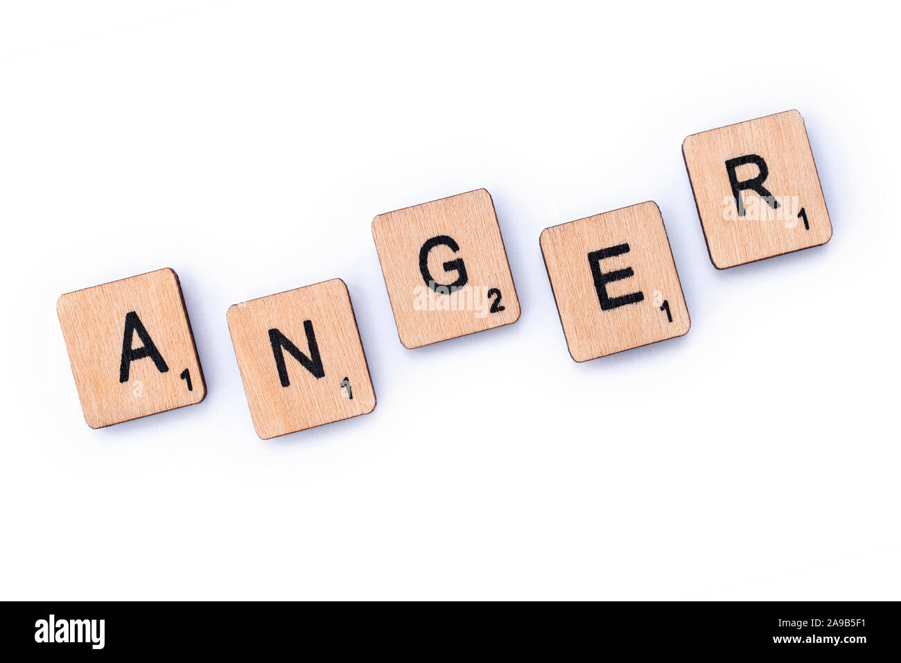 London, UK - February 6th 2019: The word ANGER, spelt with wooden ...