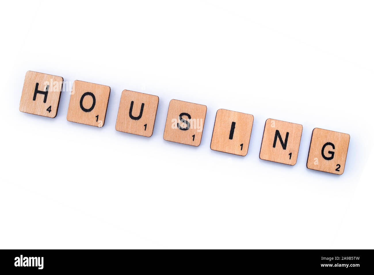 London, UK - February 6th 2019: The word HOUSING, spelt with wooden ...
