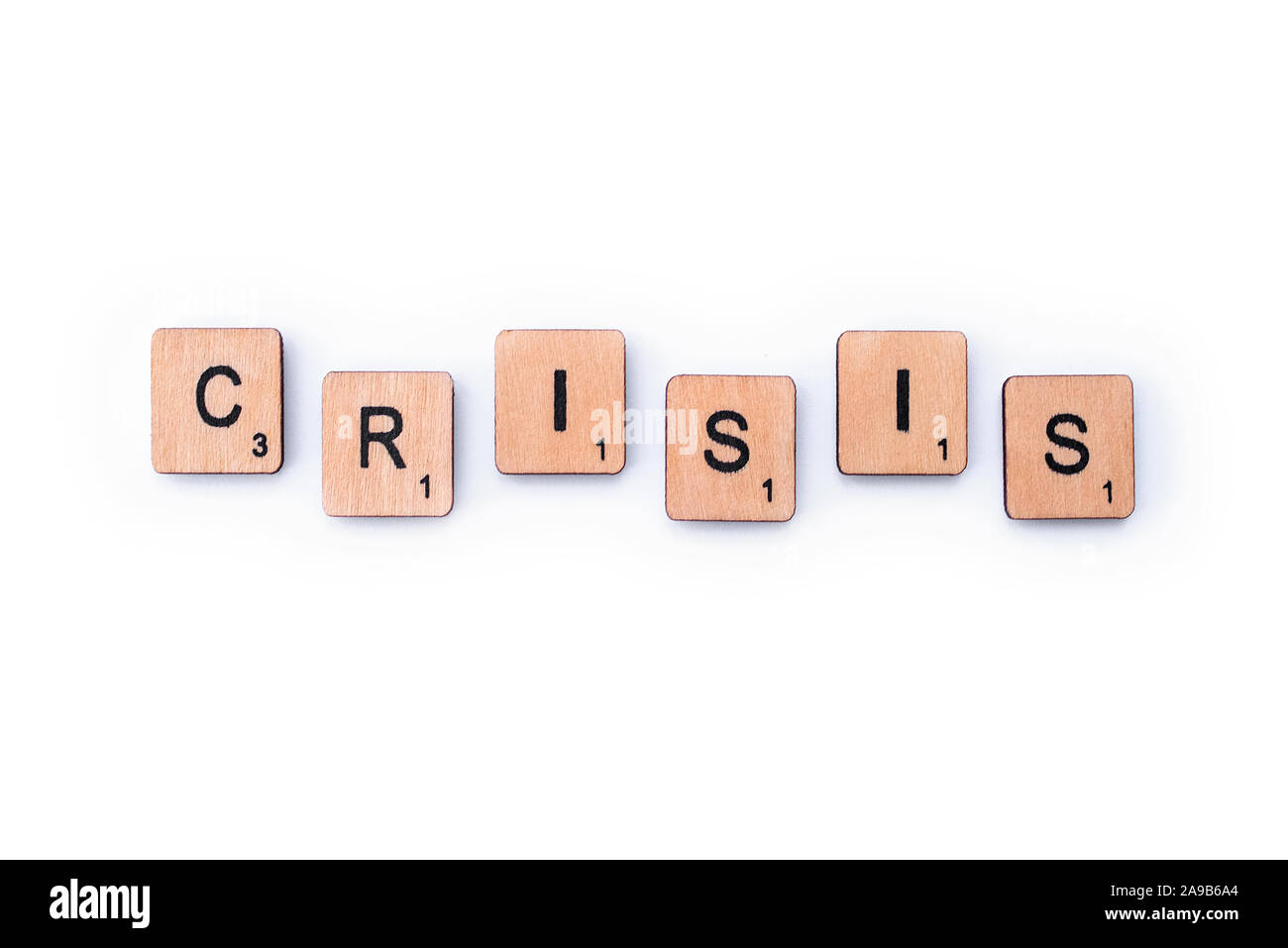 London, UK - February 6th 2019: The word CRISIS, spelt with wooden ...