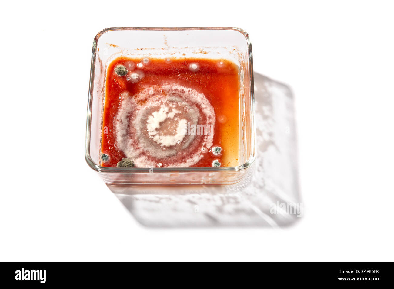 Rotten sauce with mold in container isolated on white background. Food ...
