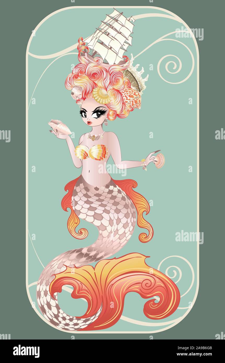 Fantasy mermaid with rococo hairstyle and seashells design Stock Vector ...