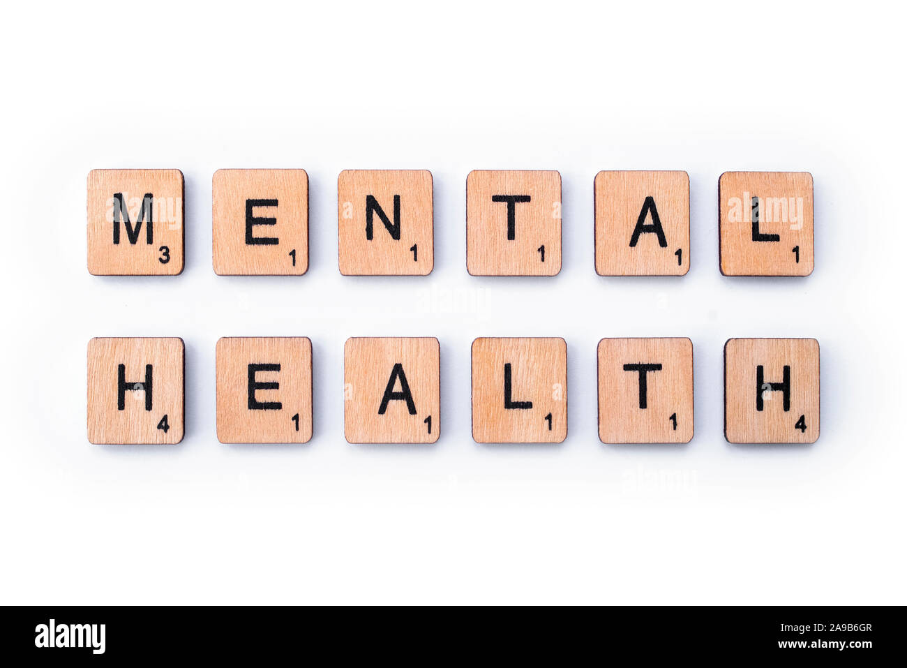London, UK - February 6th 2019: MENTAL HEALTH, spelt with wooden letter ...