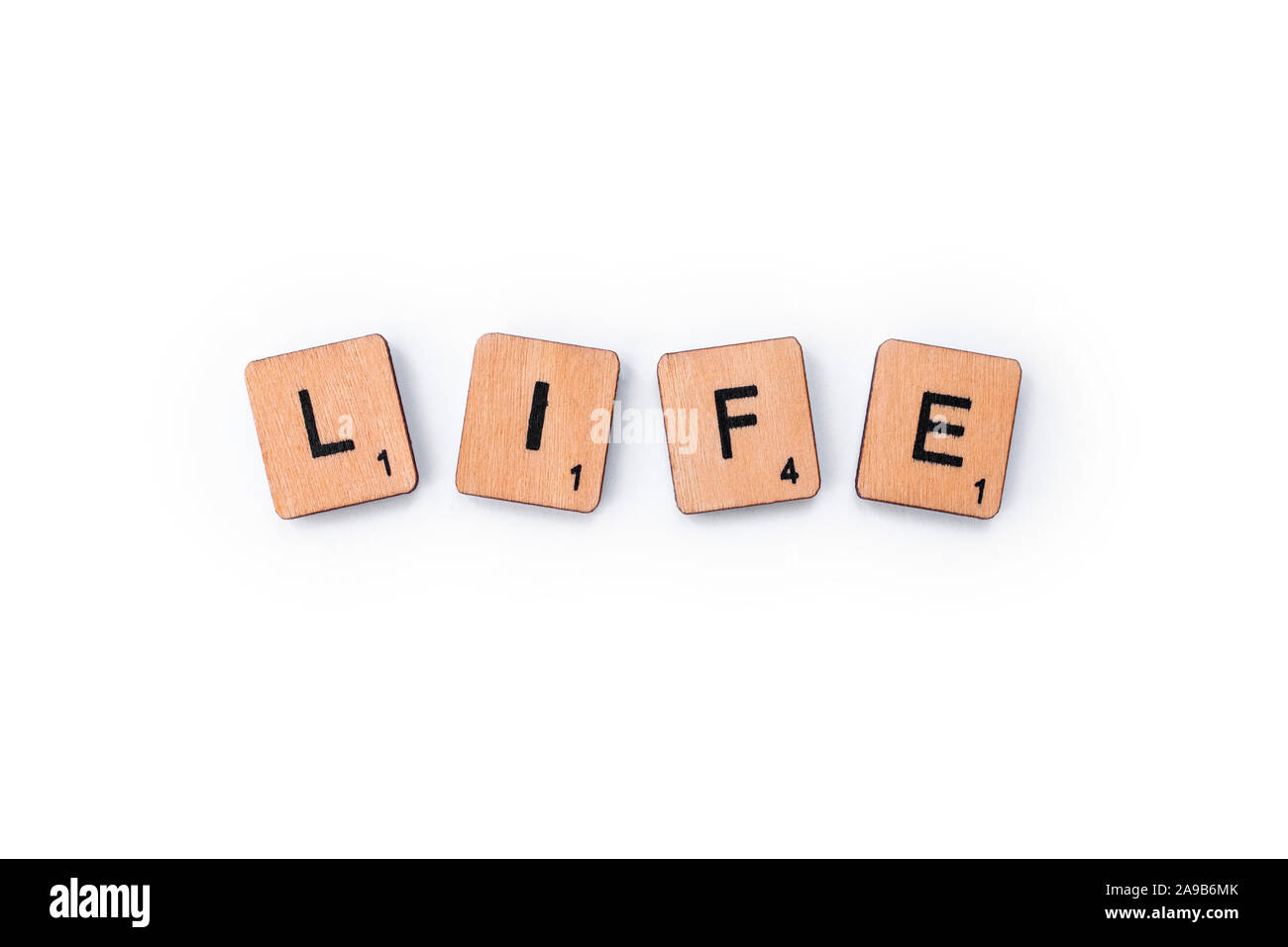 London, UK - February 6th 2019: The word LIFE, spelt with wooden letter ...