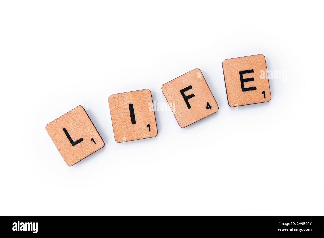 London, UK - February 6th 2019: The word LIFE, spelt with wooden letter ...