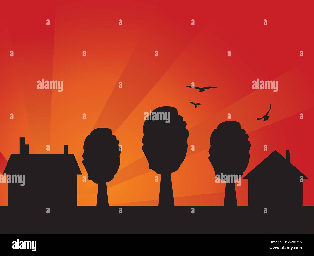 Illustration of abstract house silhouette with sunset sky background ...