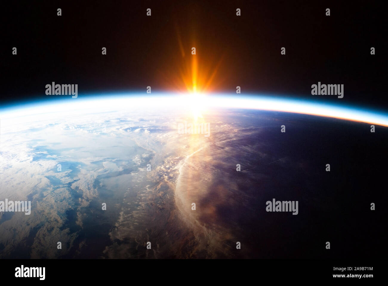 Earth planet with the sun viewed from space , 3d render of planet Earth ...