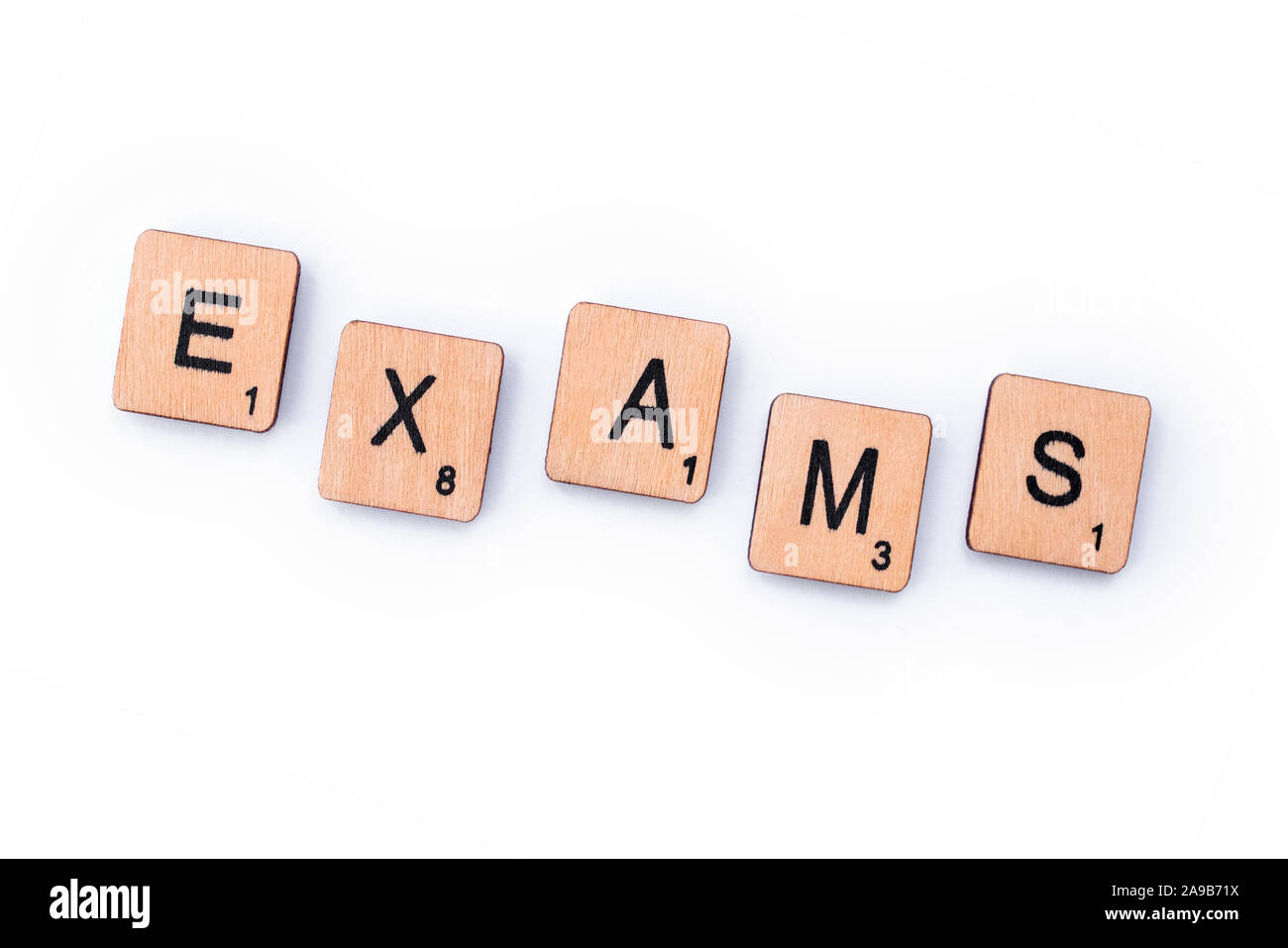 London, UK - February 6th 2019: The word EXAMS, spelt with wooden ...