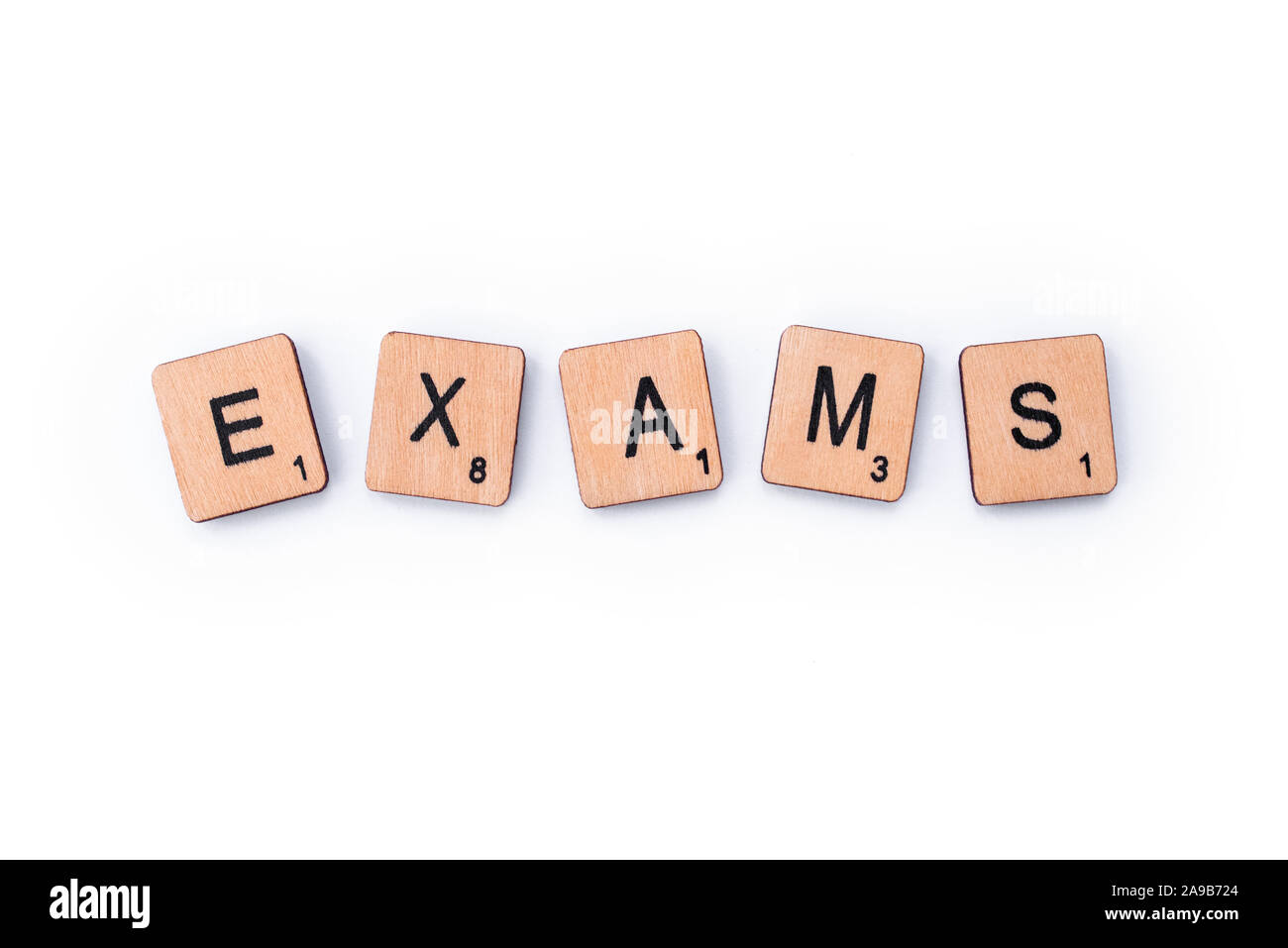 London, UK - February 6th 2019: The word EXAMS, spelt with wooden ...