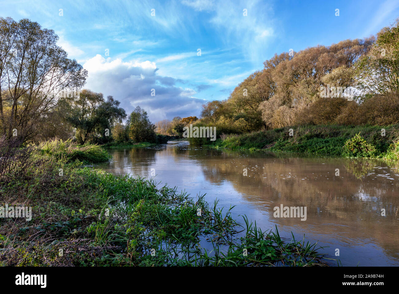 River Nene in full flow because of the heavy rainfall, Northamptonshire ...