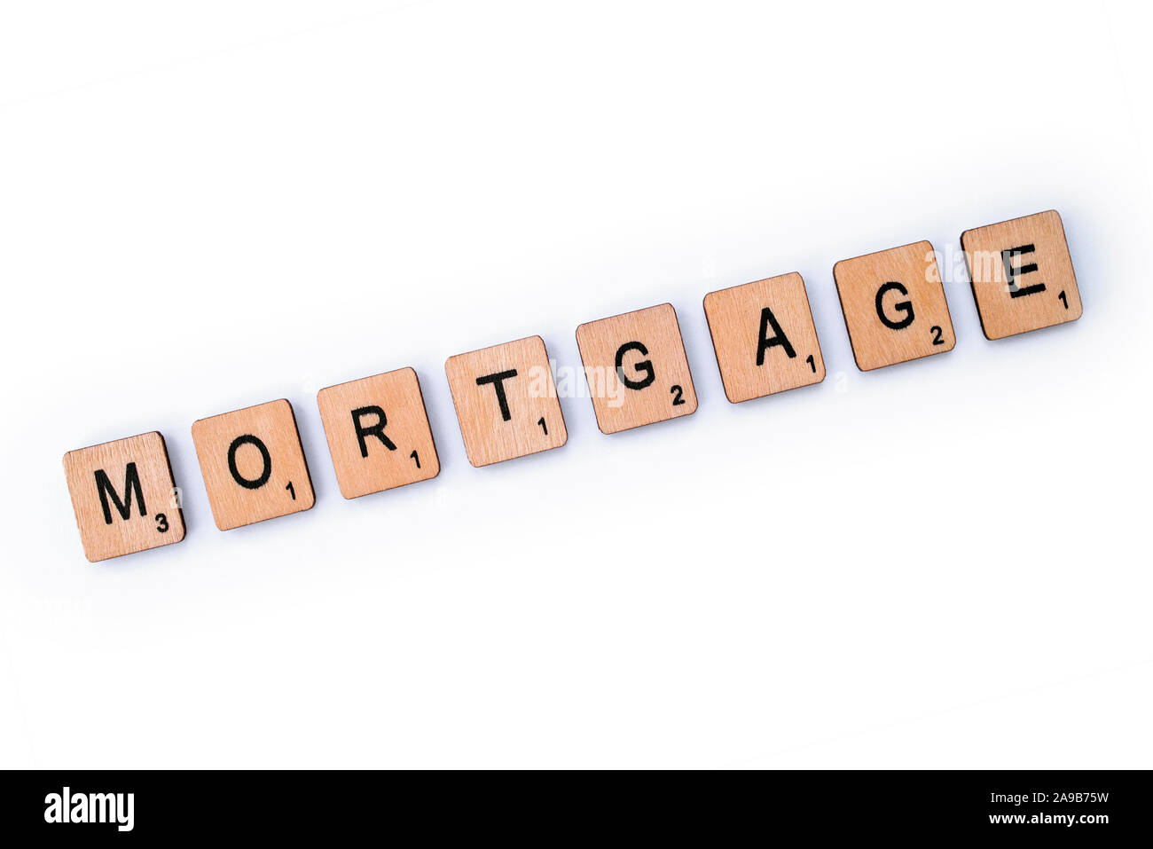 London, UK - February 6th 2019: The word MORTGAGE, spelt with wooden ...