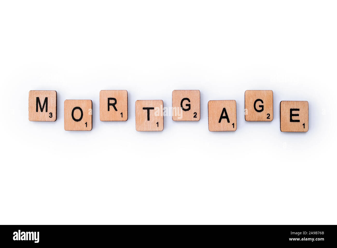 London, UK - February 6th 2019: The word MORTGAGE, spelt with wooden ...