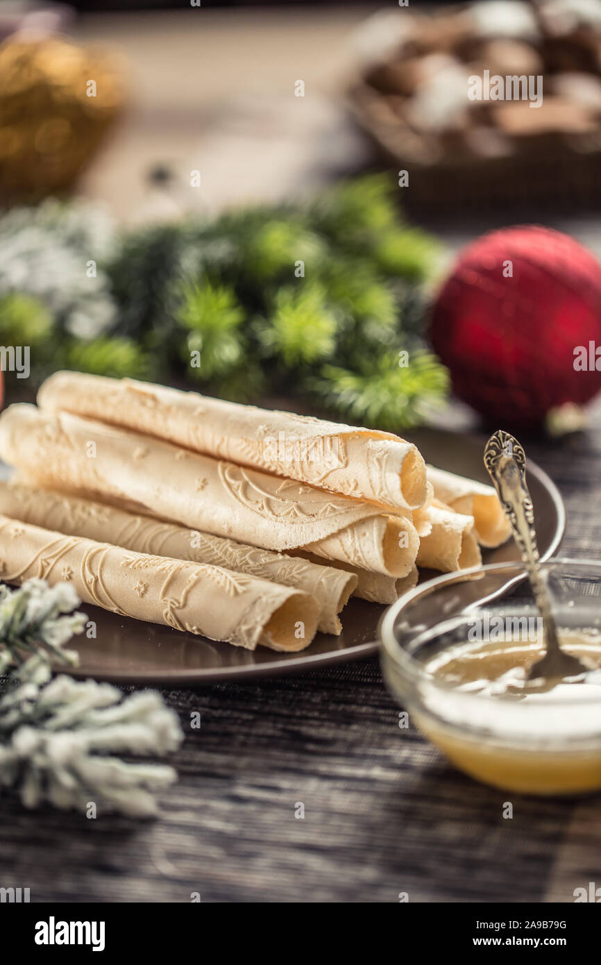 Wafers rolled with honey. Traditional slovak and czech christmas pastry ...