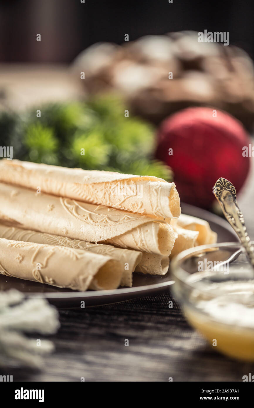 Wafers rolled with honey. Traditional slovak and czech christmas pastry ...