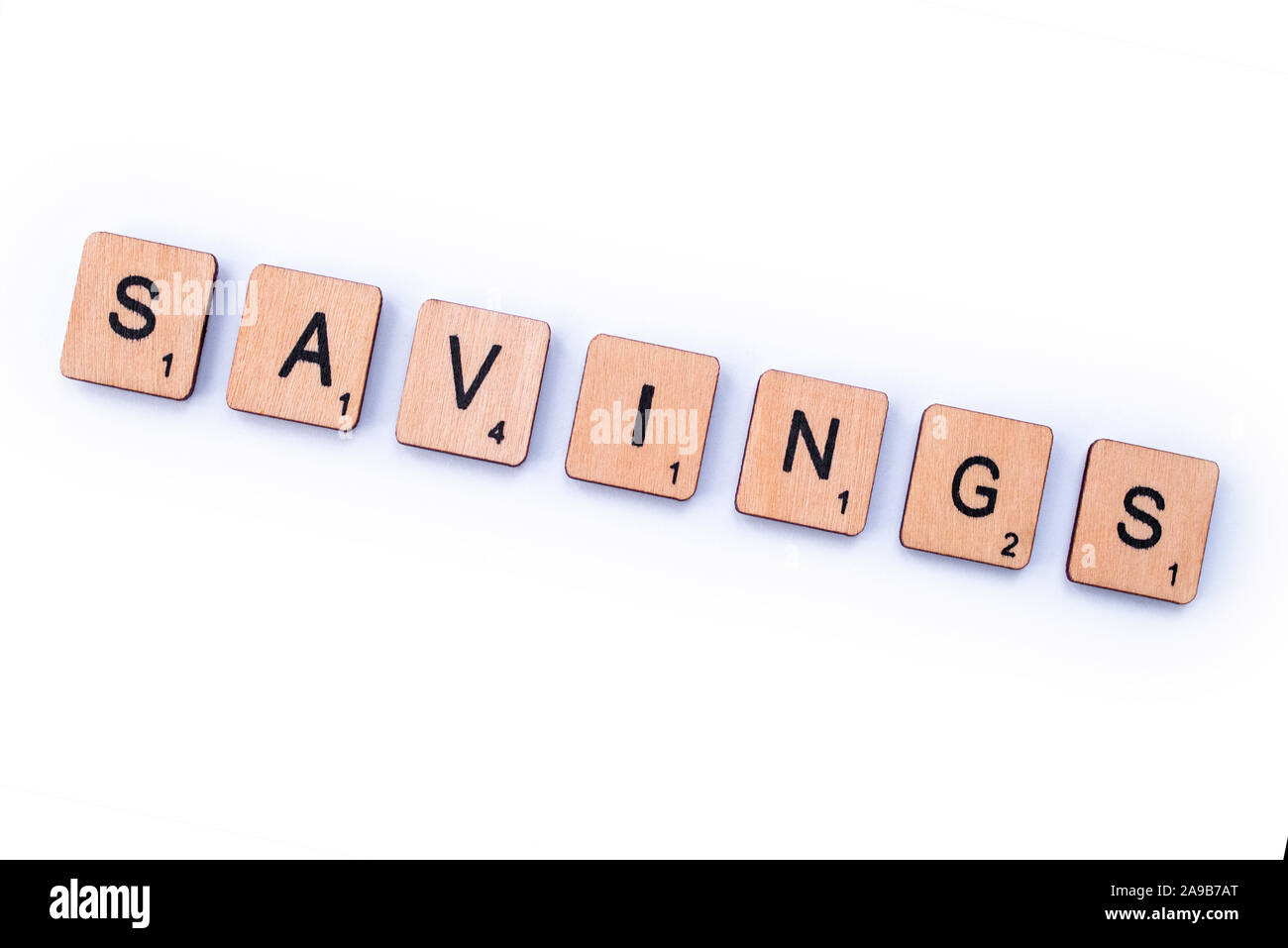 London, UK - February 6th 2019: The word SAVINGS, spelt with wooden ...