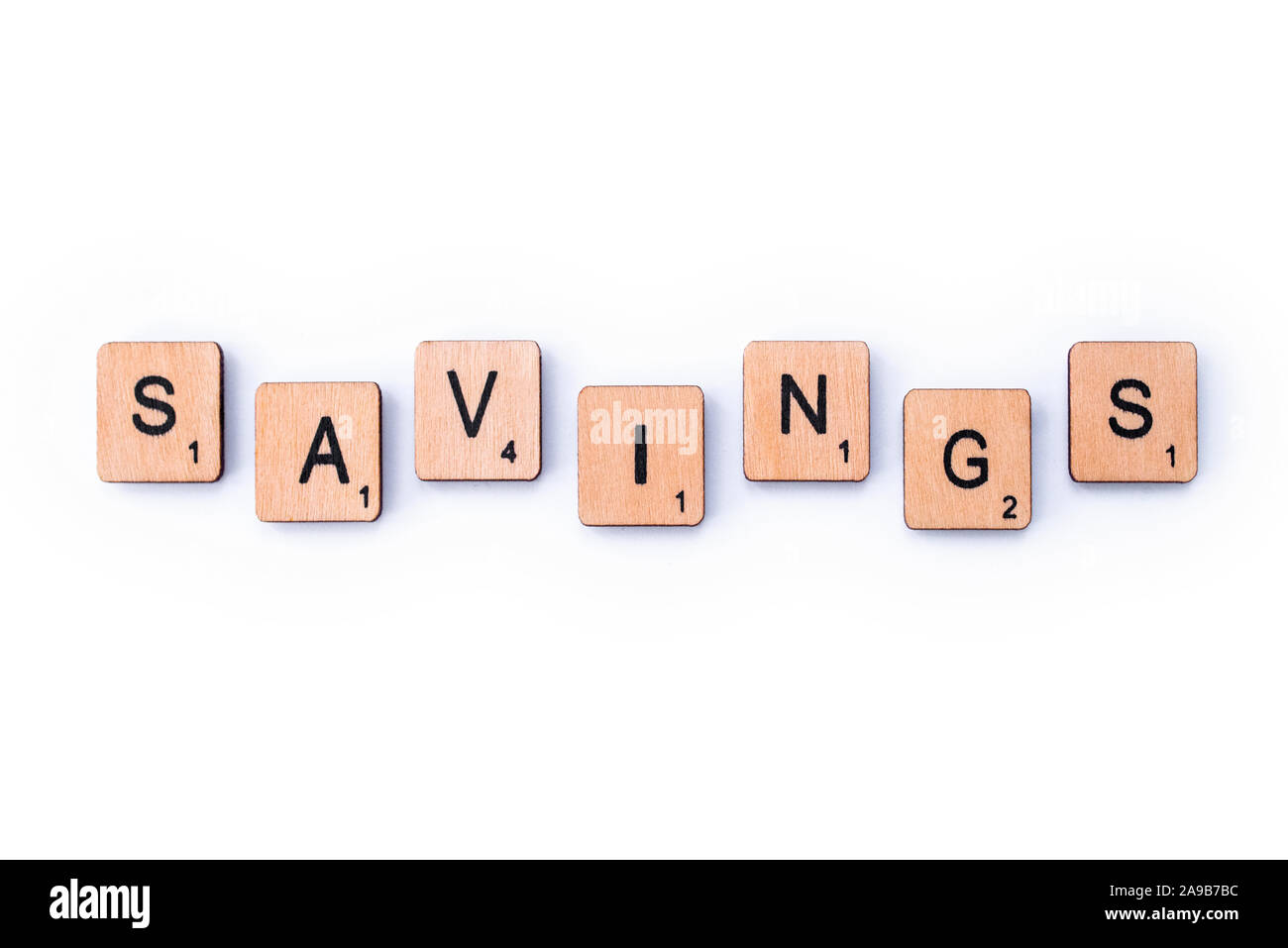 London, UK - February 6th 2019: The word SAVINGS, spelt with wooden ...