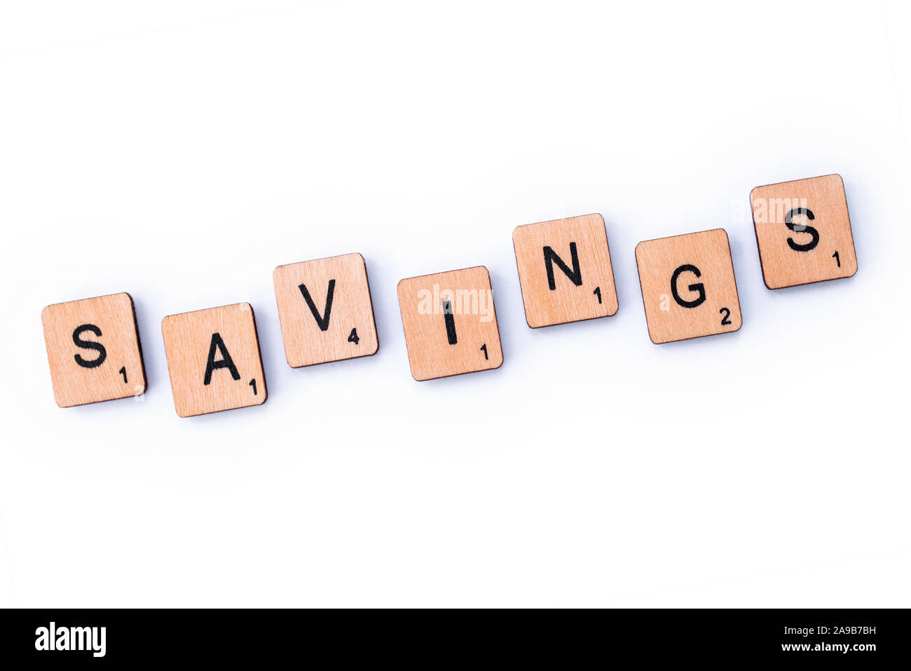 London, UK - February 6th 2019: The word SAVINGS, spelt with wooden ...