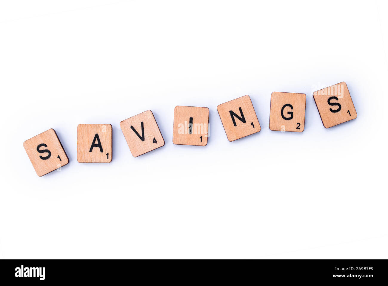 London, UK - February 6th 2019: The word SAVINGS, spelt with wooden ...