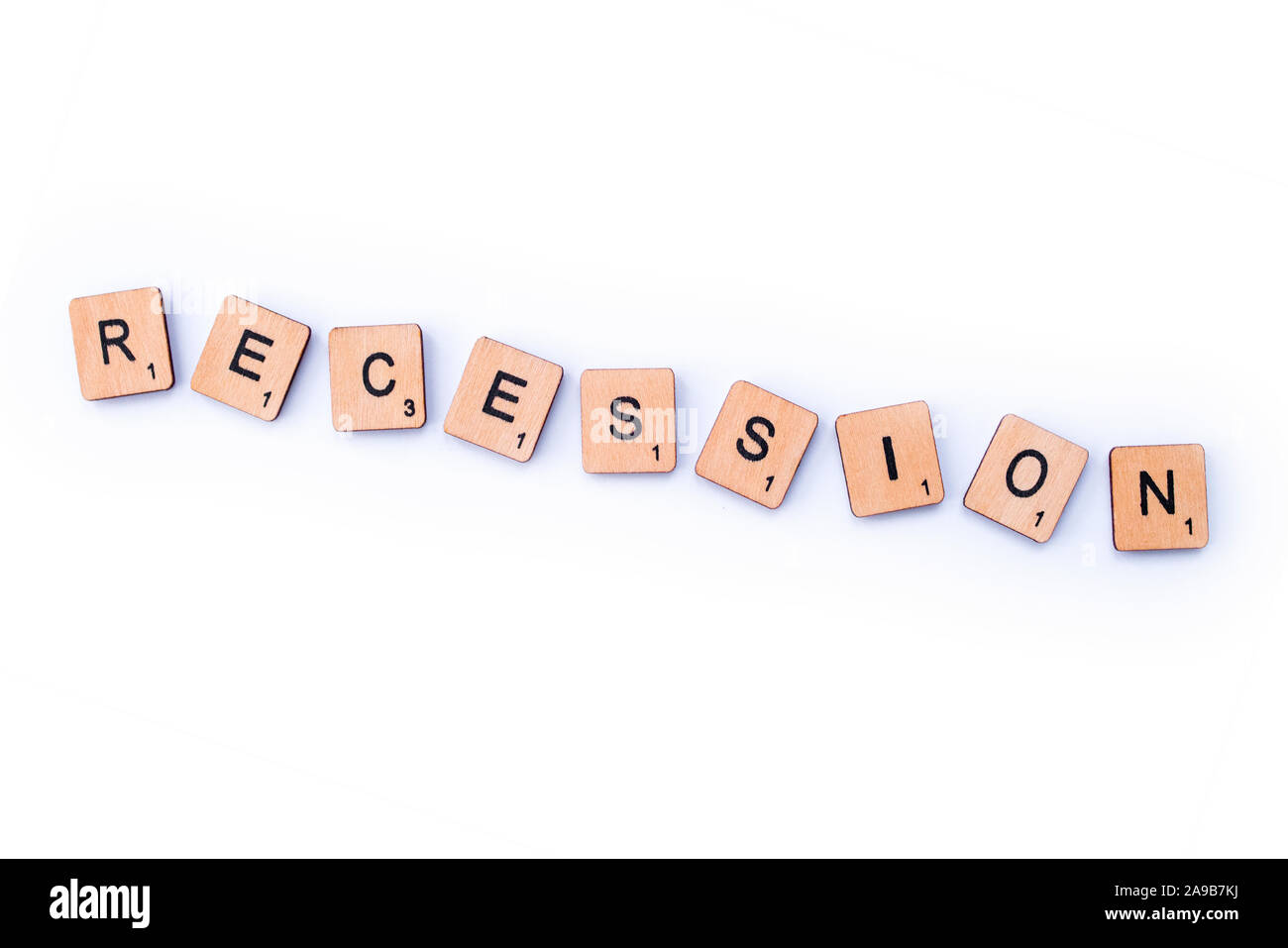 London, UK - February 6th 2019: The word RECESSION, spelt with wooden ...