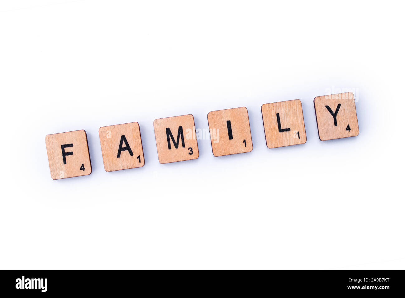 London, UK - February 6th 2019: The word FAMILY, spelt with wooden ...