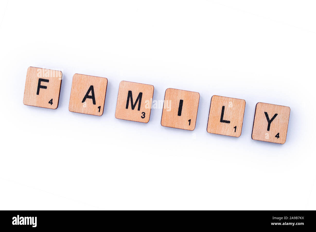 London, UK - February 6th 2019: The word FAMILY, spelt with wooden ...