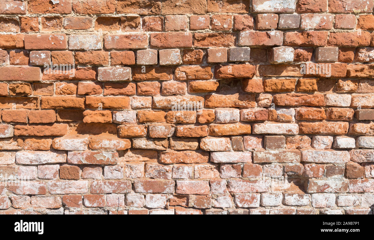 Background of old vintage dirty brick wall with peeling plaster ...